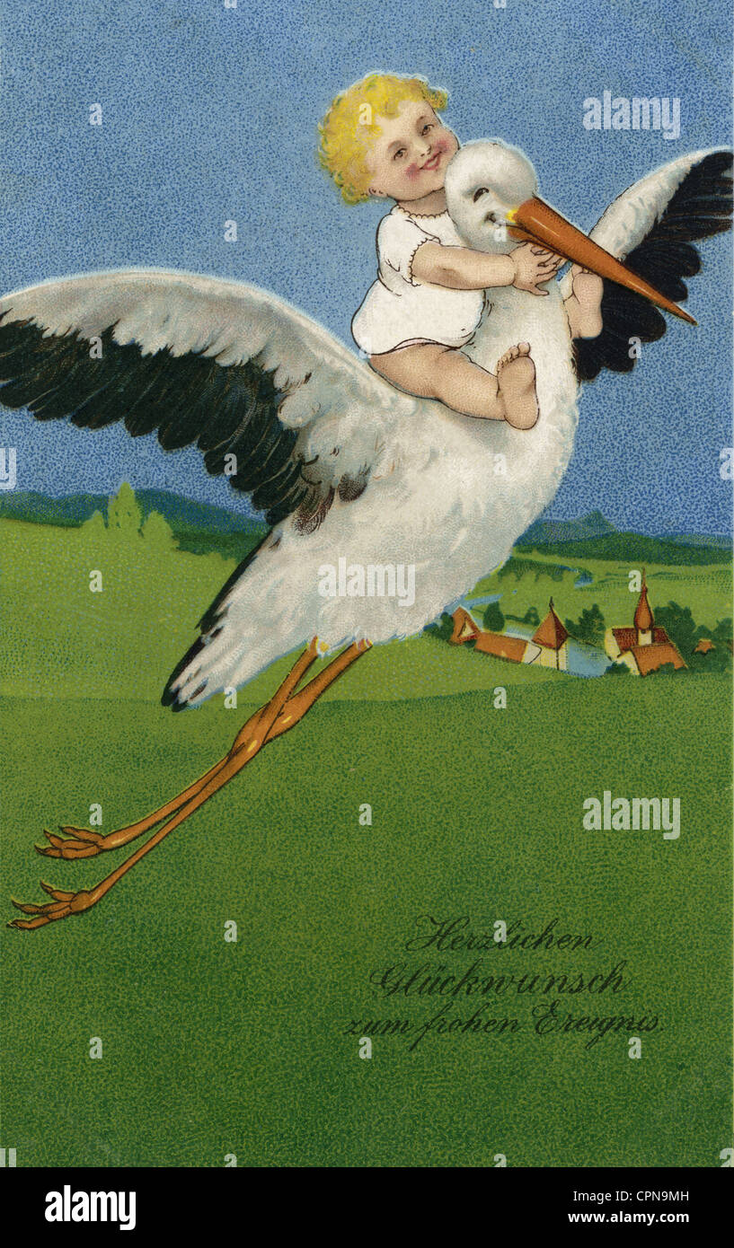 kitsch / cards, stork, baby is riding on the stork, Herzlichen ...