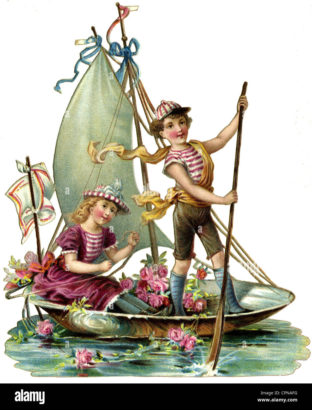 kitsch, love couple in sailing boat, scraps, lithograph, Germany, 1893 ...