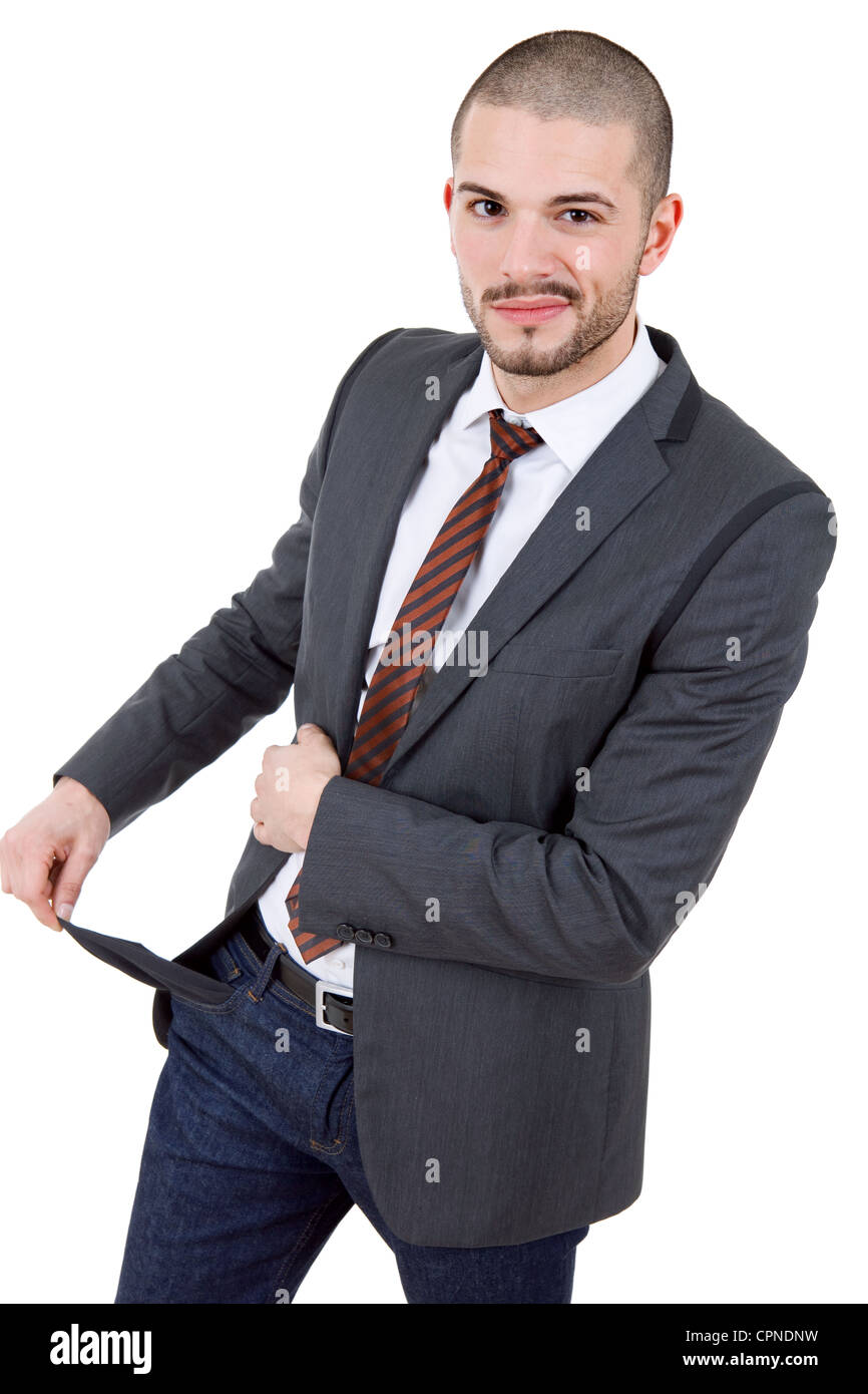 business man showing his empty pocket, isolated Stock Photo - Alamy
