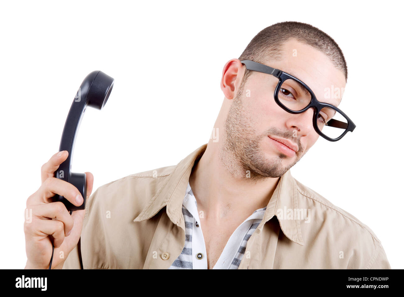 young man with a phone, isolated on white Stock Photo - Alamy