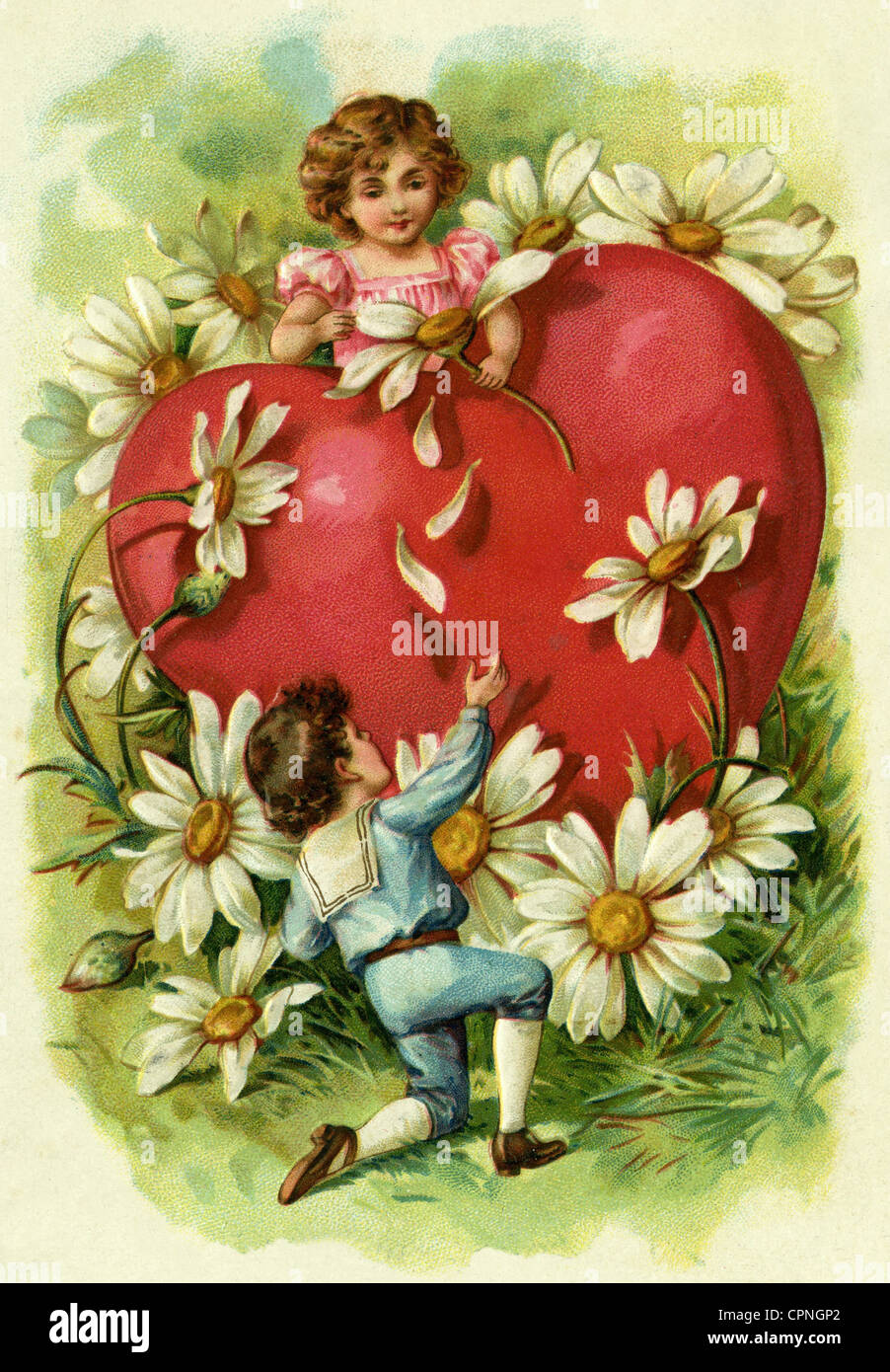 kitsch / souvenir, heart with lovers and flowers, historic postcard ...