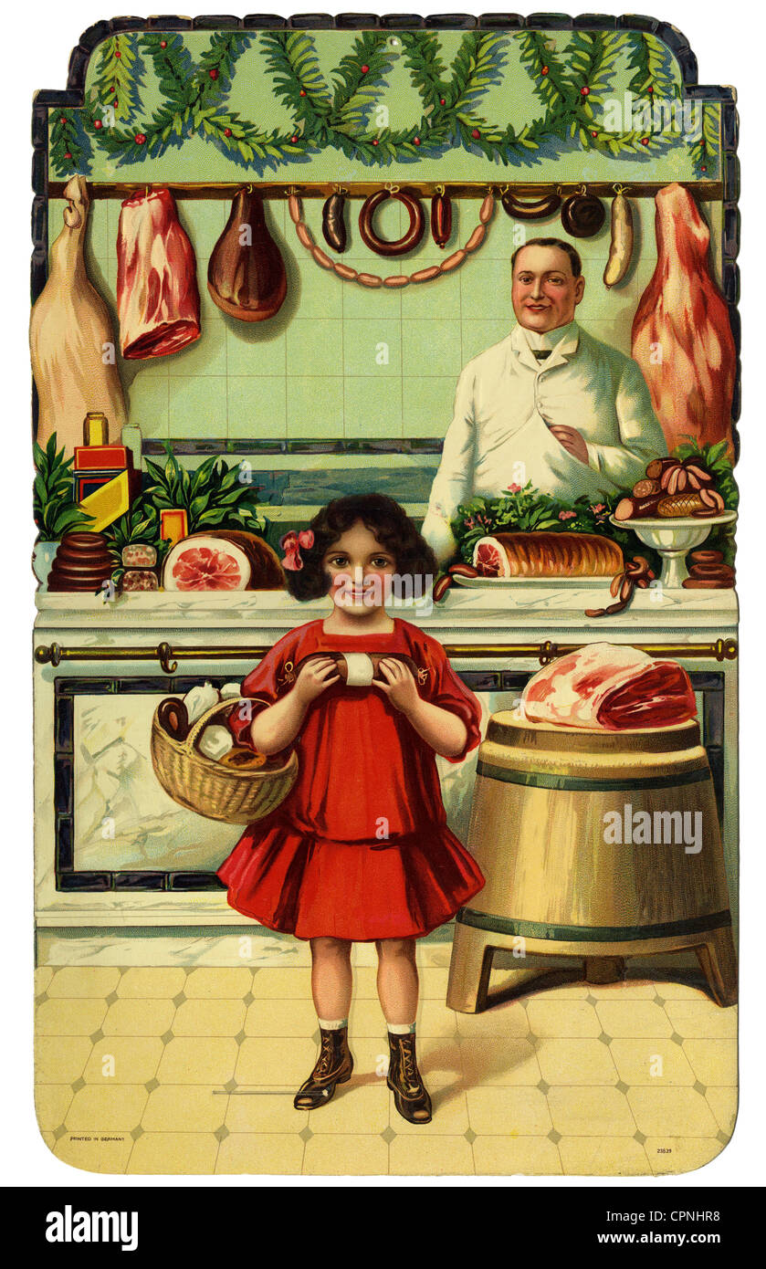 trade, food, butcher's, stand-up display of a butcher's shop ...