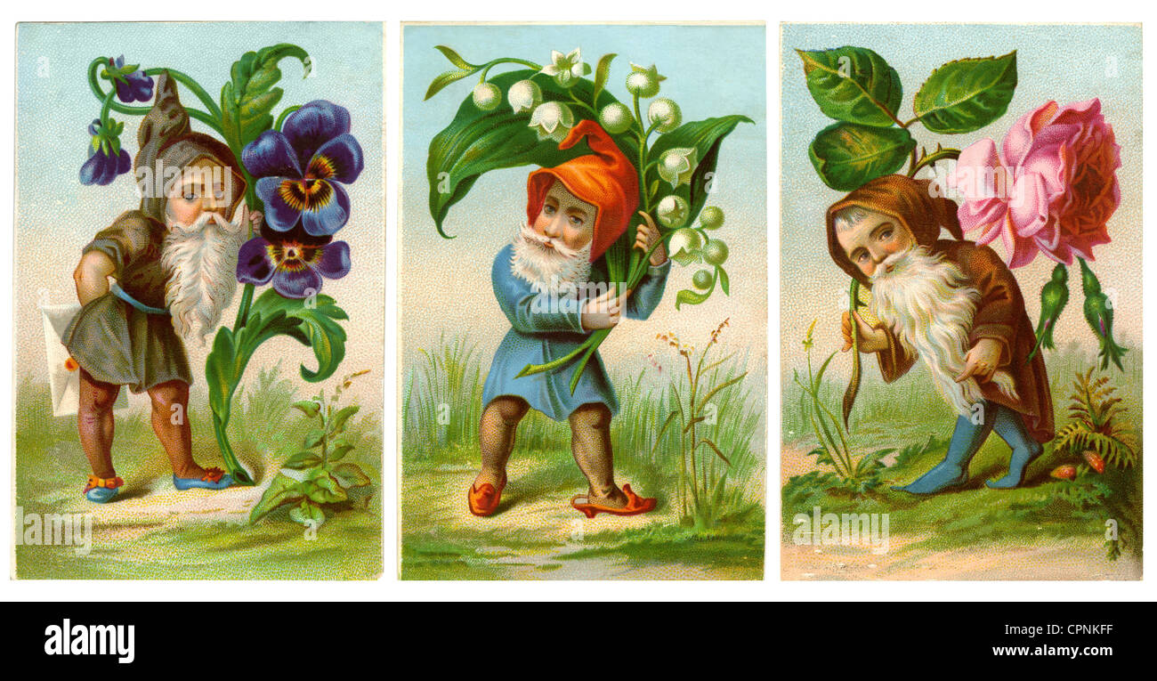 kitsch/cards/souvenir, dwarfs with flowers, lithograph, Germany, circa ...