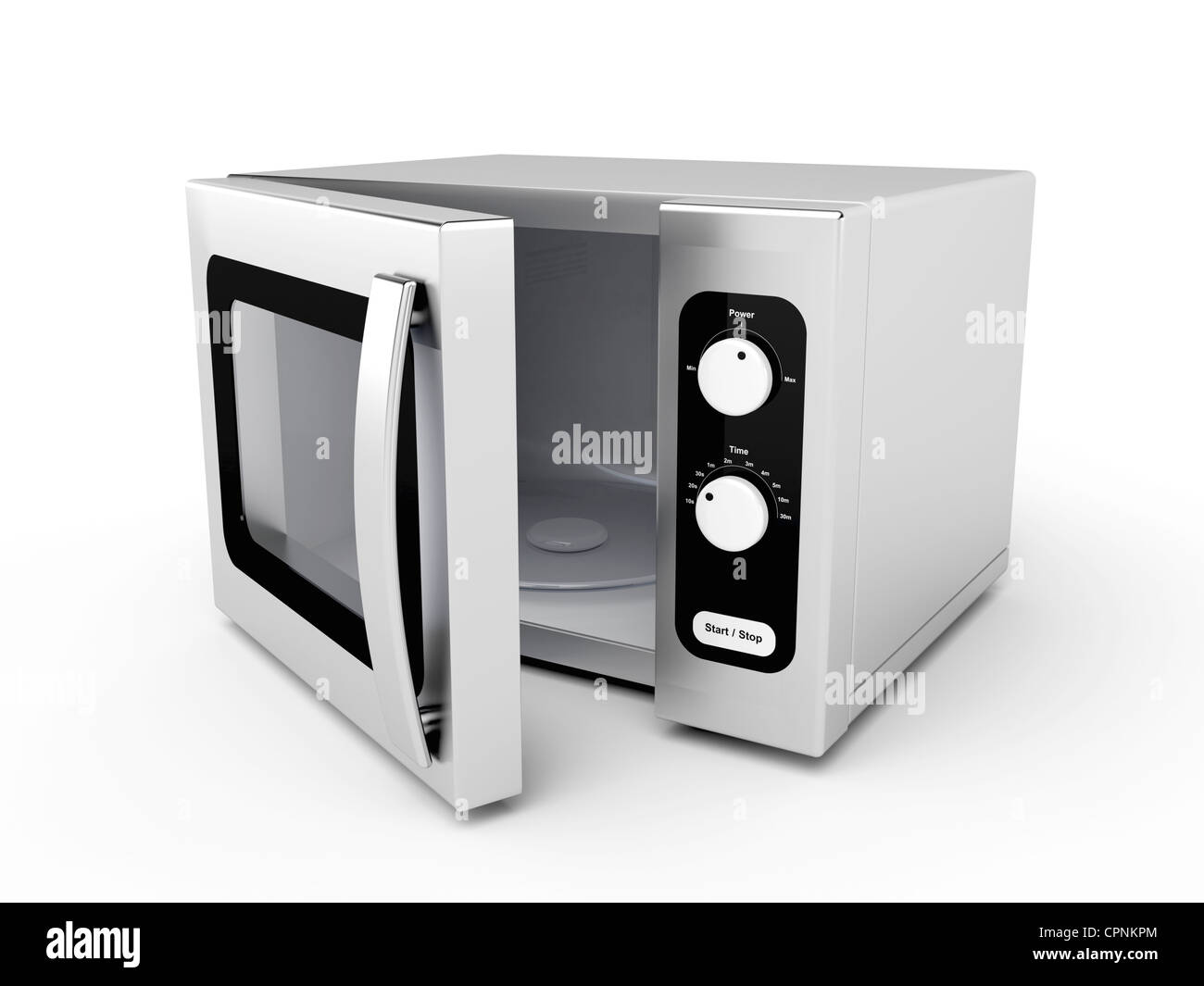 Silver microwave oven with open door on white background Stock Photo ...