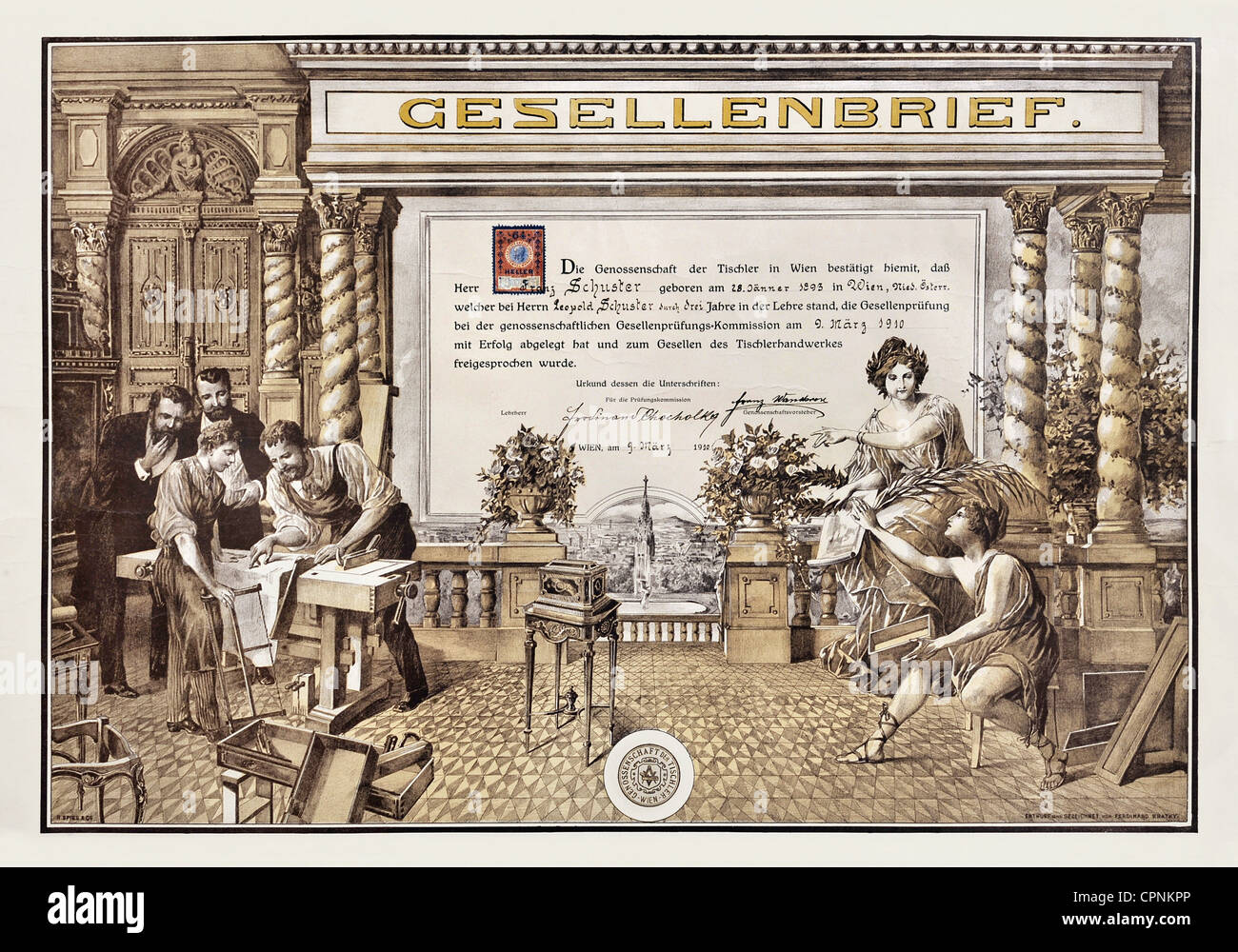 documents, apprenticeship diploma, carpenter, very decorative ...