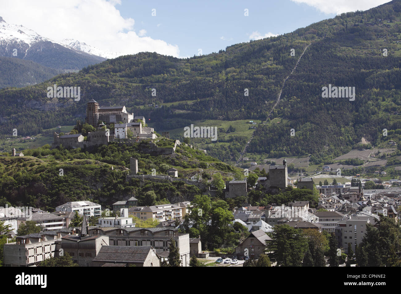 The castle and fortified church of Valere overlooks the city of Sion ...