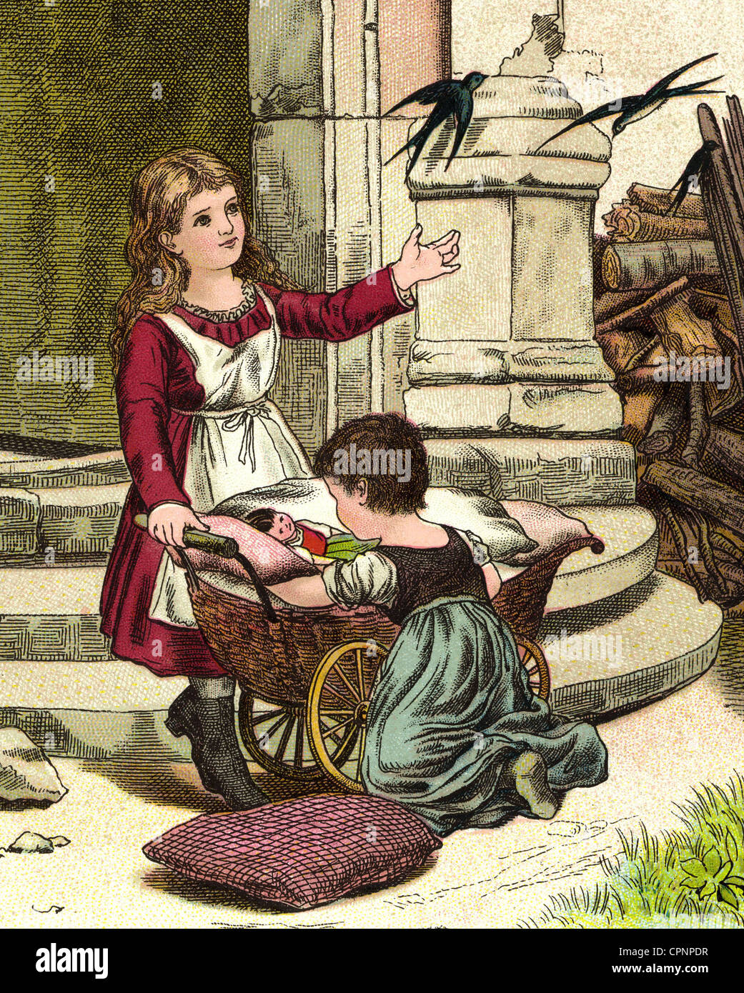 people, children, girl, two girls playing with dolls, Germany, 1889 ...