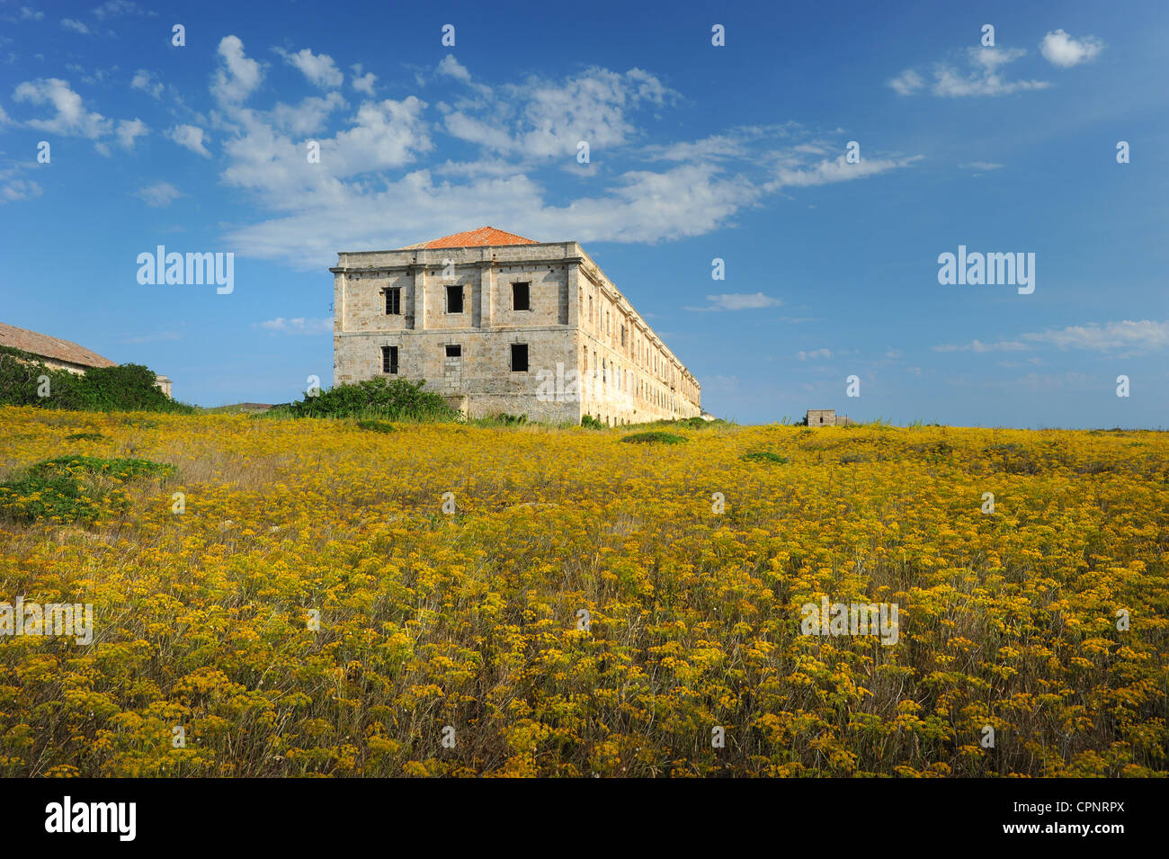 the old derelict hospital building of La Mola, Menorca amid a sea of ...