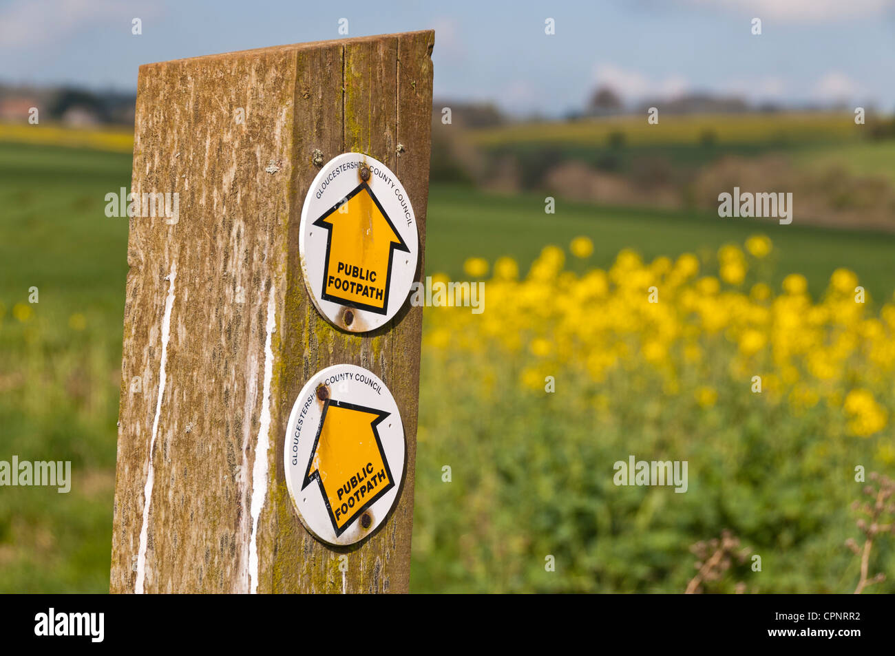 Public Footpath post, Horsely, Gloucestershire, Cotswolds, UK Stock ...