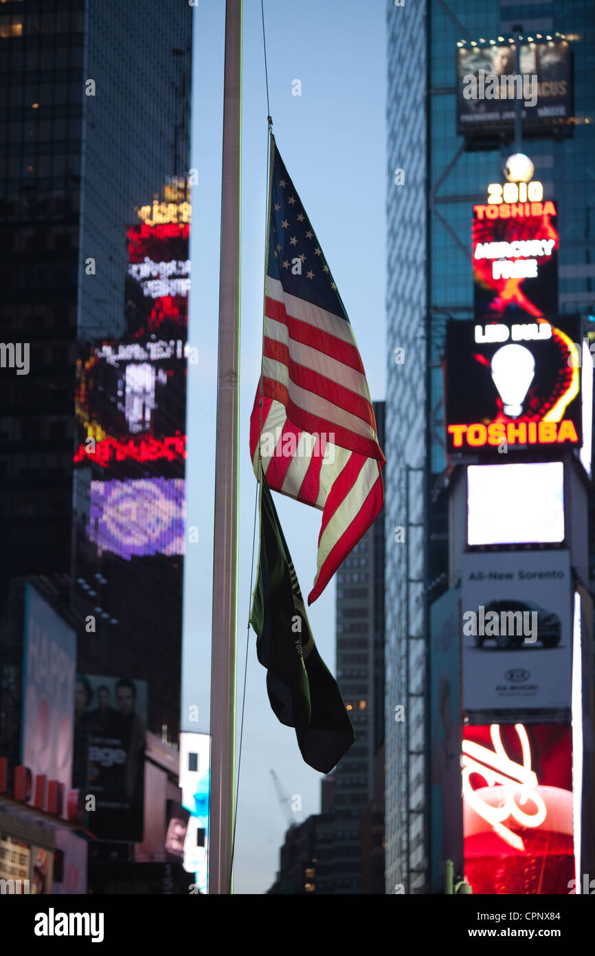 Stars and Stripes flag hanging in Times Square New York City theatre ...
