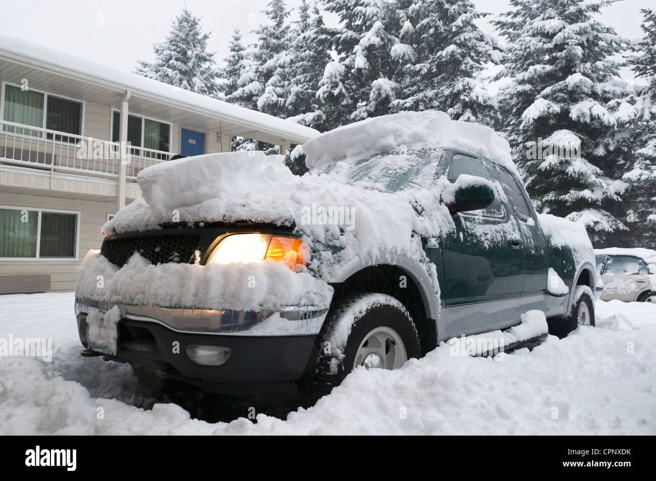 A truck covered in snow is parked in a motel parking lot in Olympia ...