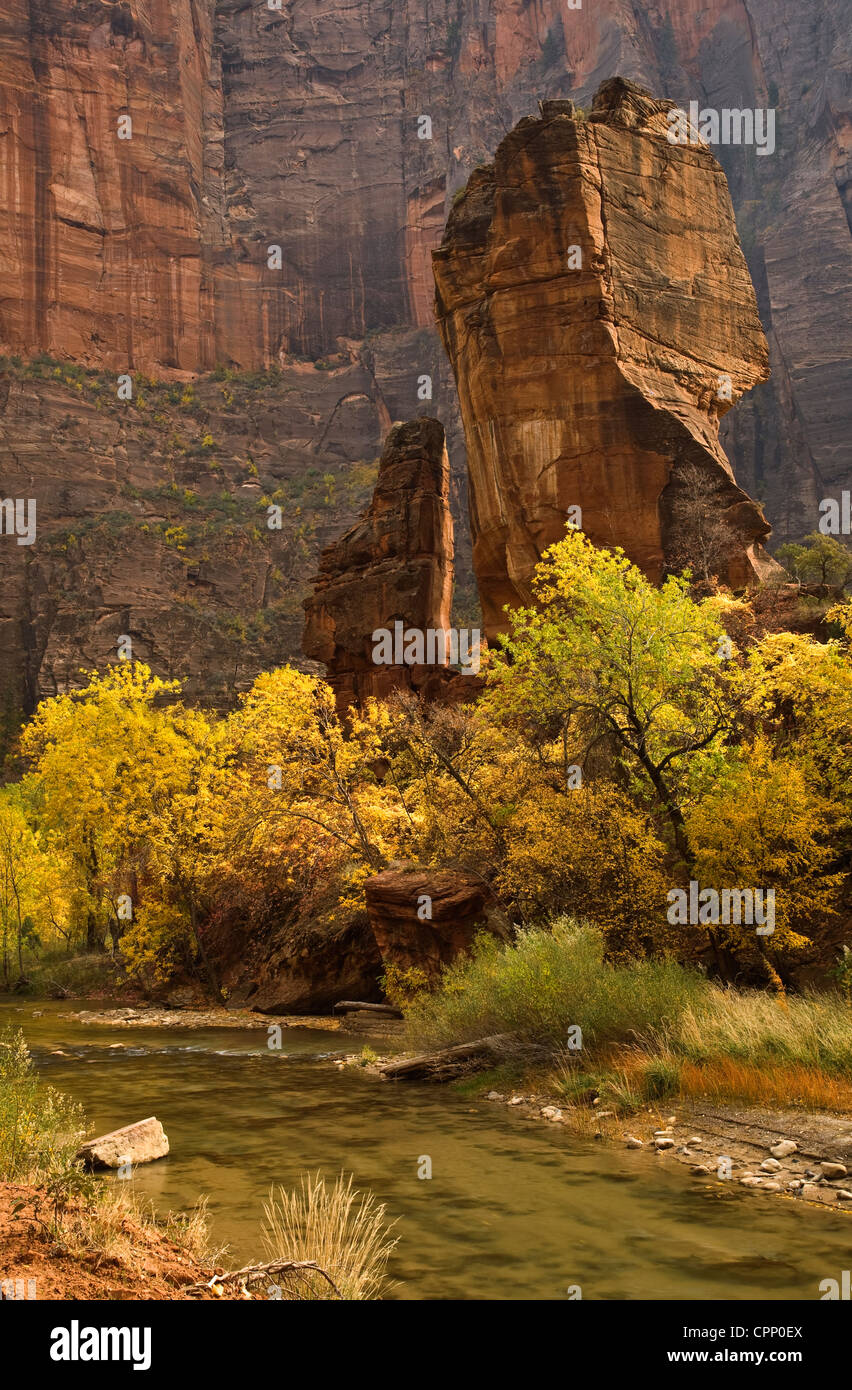 The Pulpit and the Virgin River in autumn at Zion National Park, Utah ...