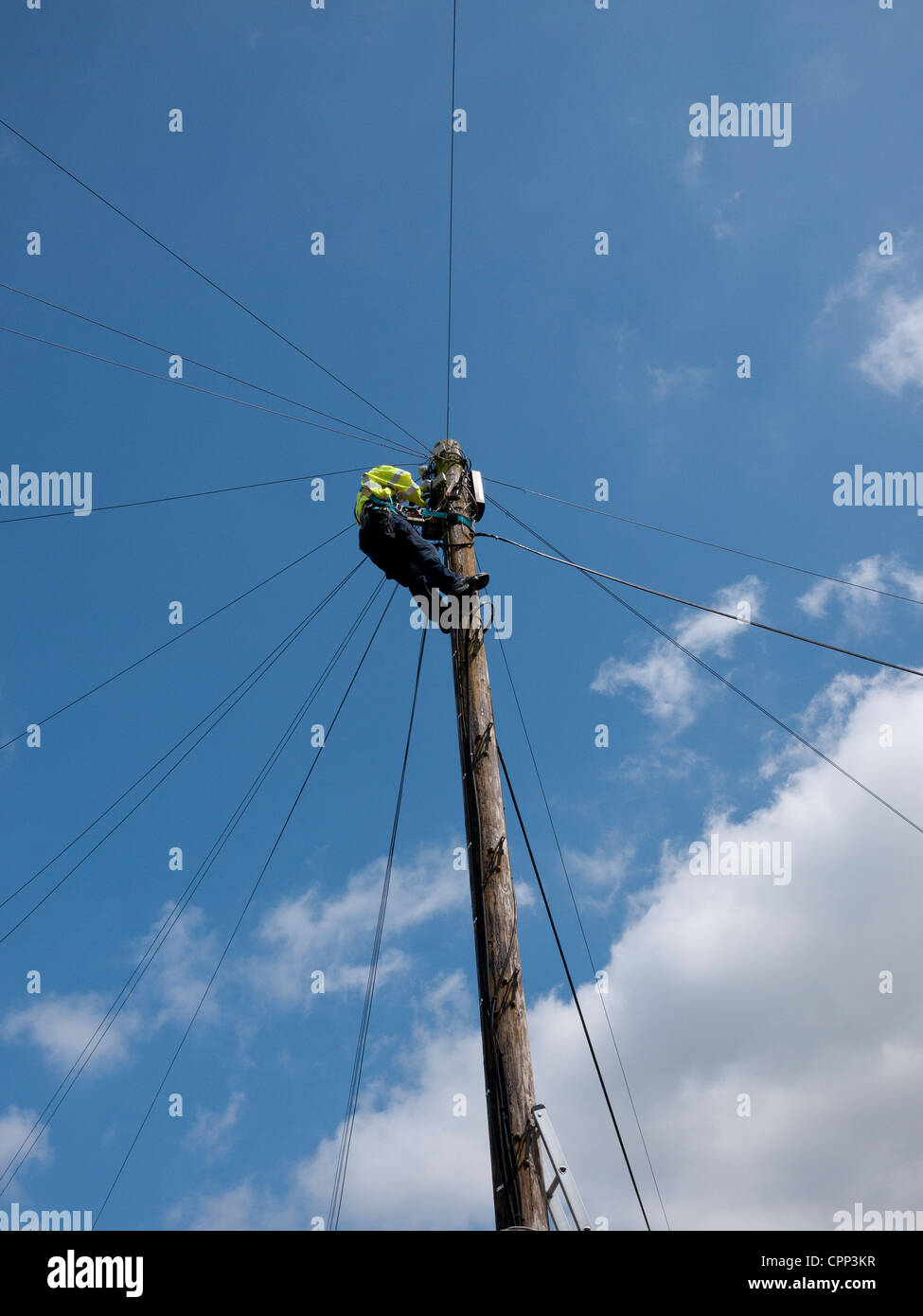 Telephone Engineer working up a telegraph pole, UK Stock Photo - Alamy
