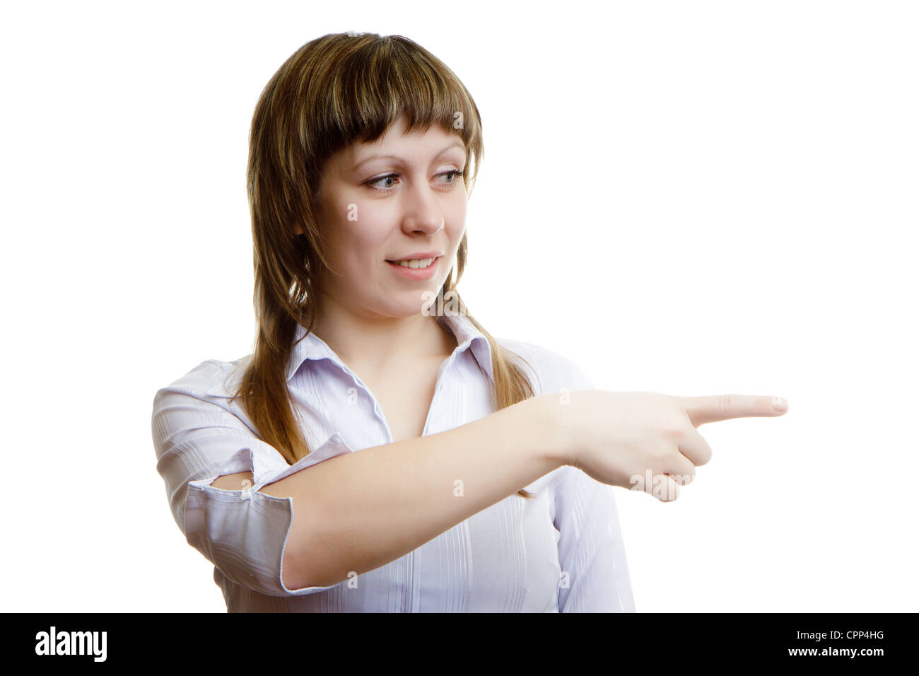 girl shows the index finger on a white background Stock Photo - Alamy