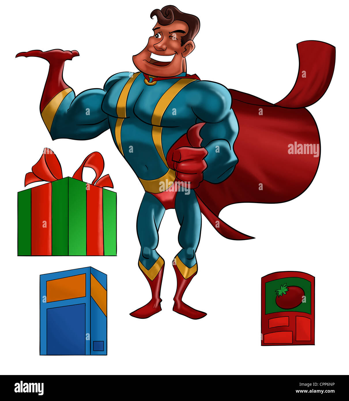 superhero with gift boxes Stock Photo - Alamy