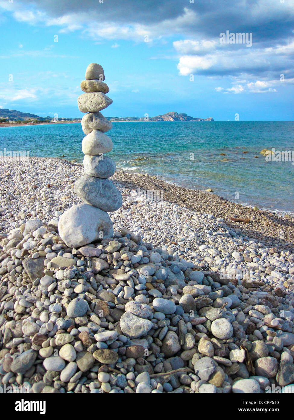 Small cairn made from pebbles on Afandou beach in Rhodes Greece Stock ...