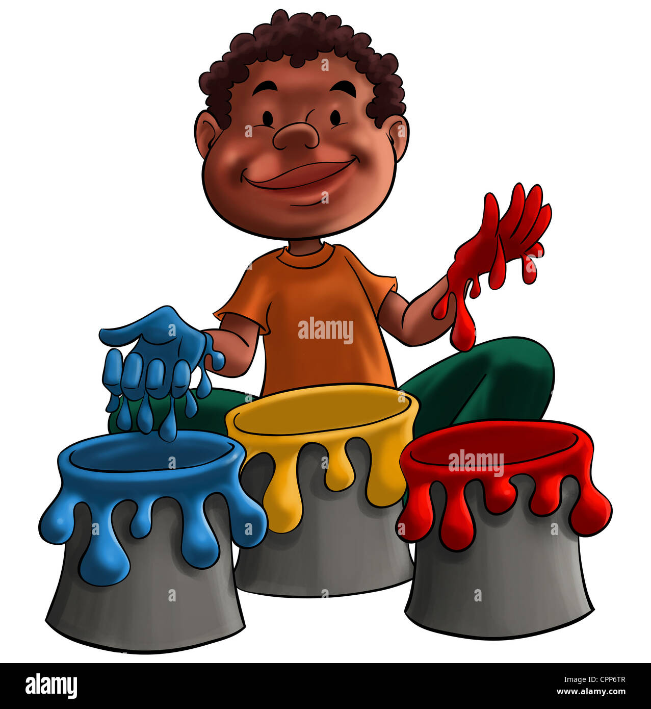 Cartoon illustration of black boy playing with colorful pots of paint ...