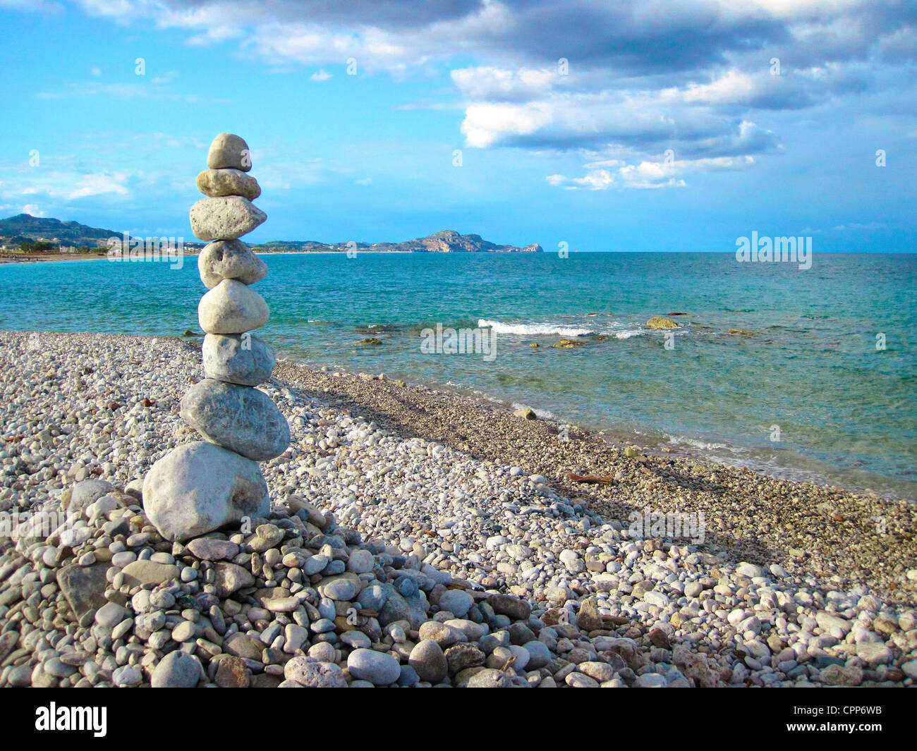 Small cairn made from pebbles on Afandou beach in Rhodes Greece Stock ...