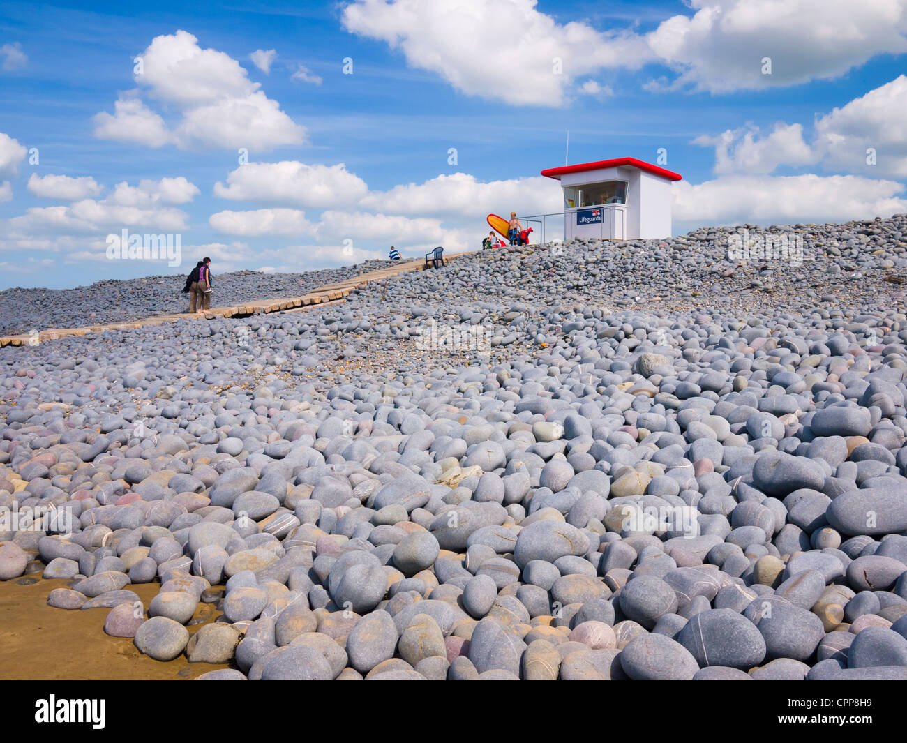 A lifeguard lookout hut on the top of the pebble ridge at Westward Ho ...