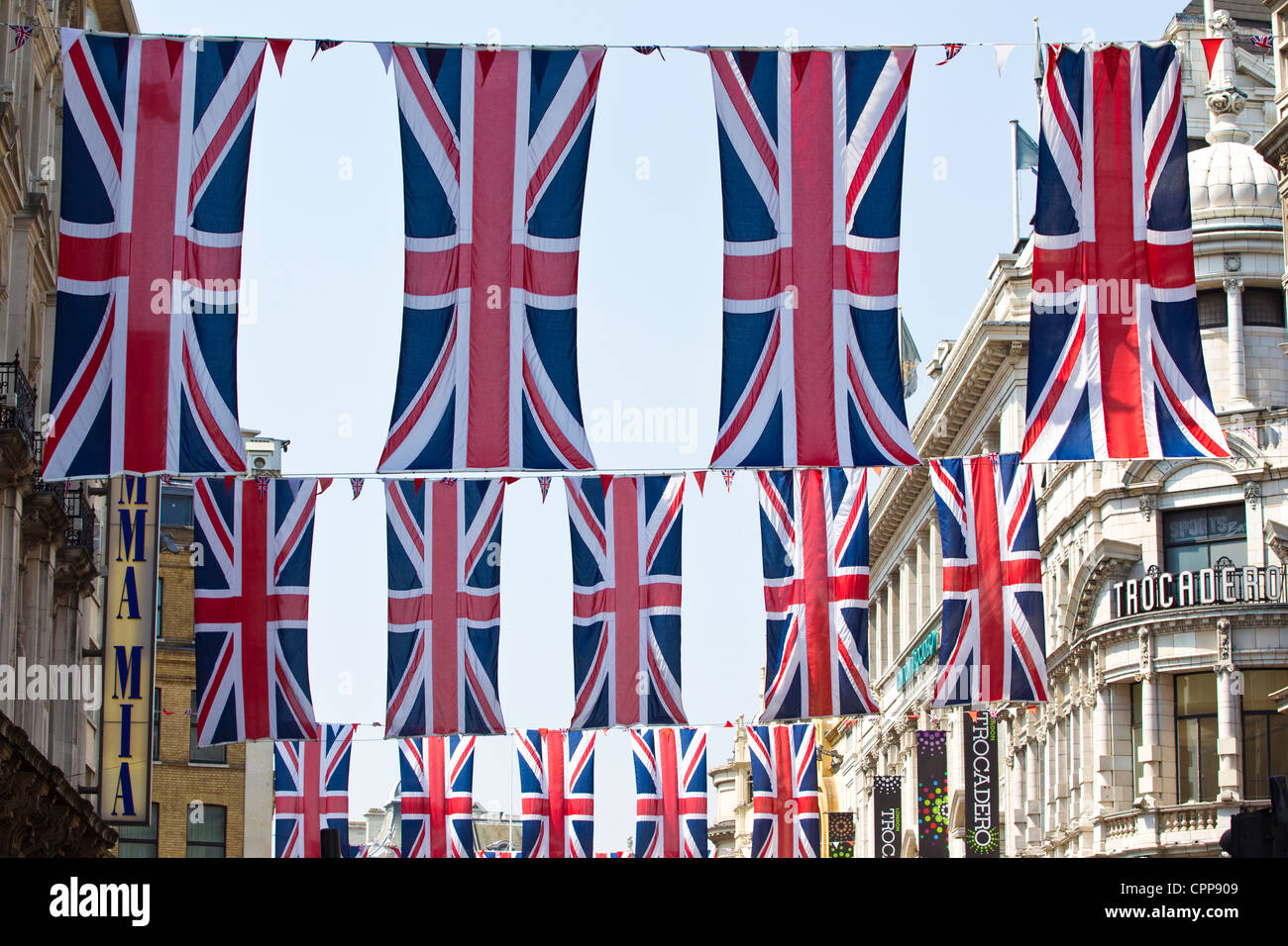 Union Jack flags on display in Central London during the Queen's ...