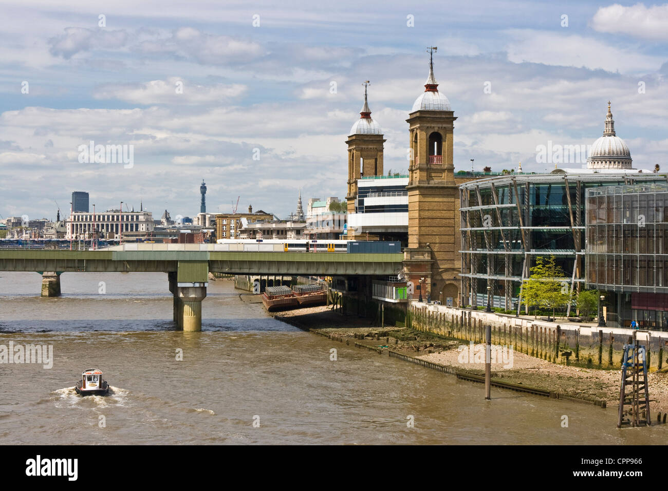 Panorama of north bank of River Thames with Cannon Street railway ...