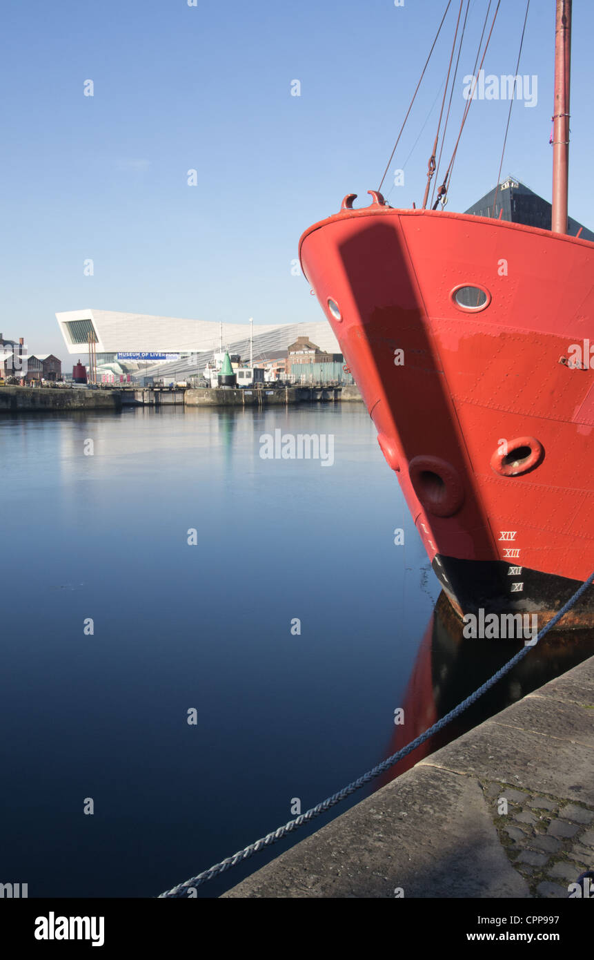 Converted lightship painted red in Canning Dock with Museum of ...