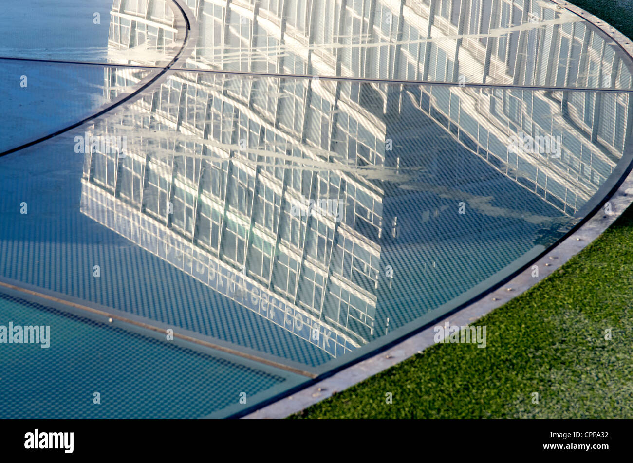 Reflection of a new building in glazed circular roof light at Liverpool ...