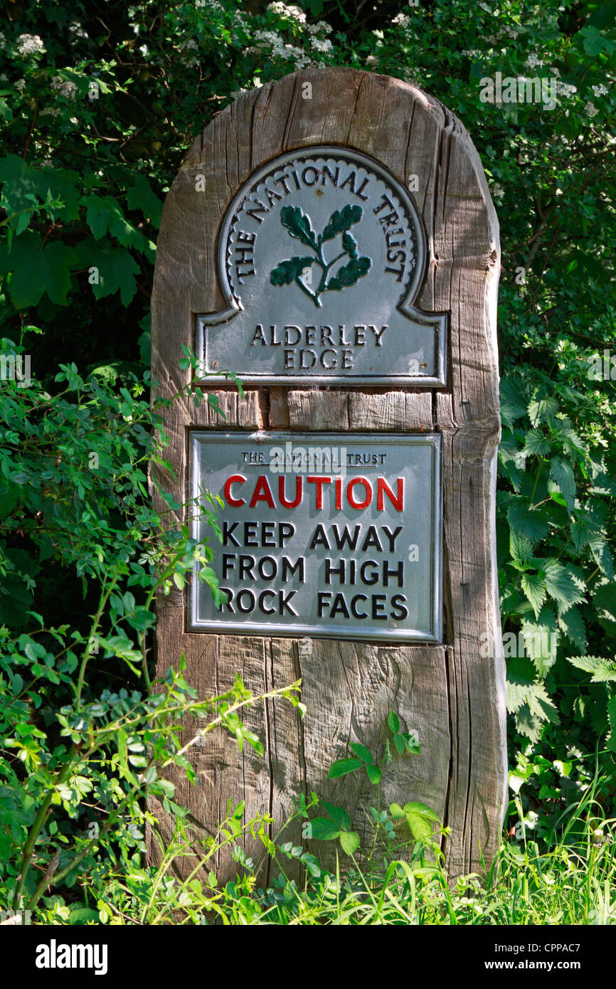 National Trust sign on timber post, Alderley Edge, Cheshire, England ...