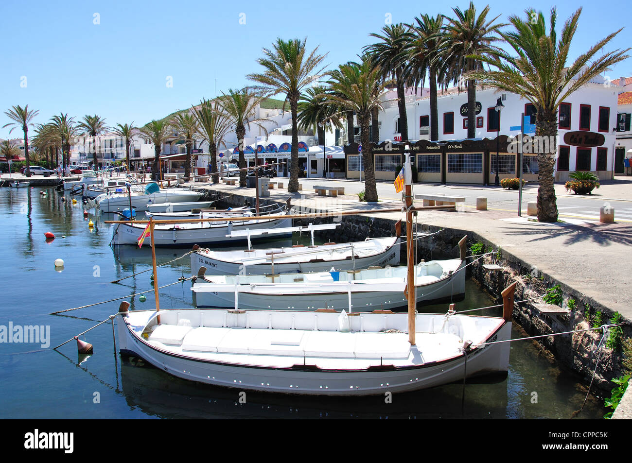 Traditional fishing boats in marina, Fornells, Menorca, Balearic ...