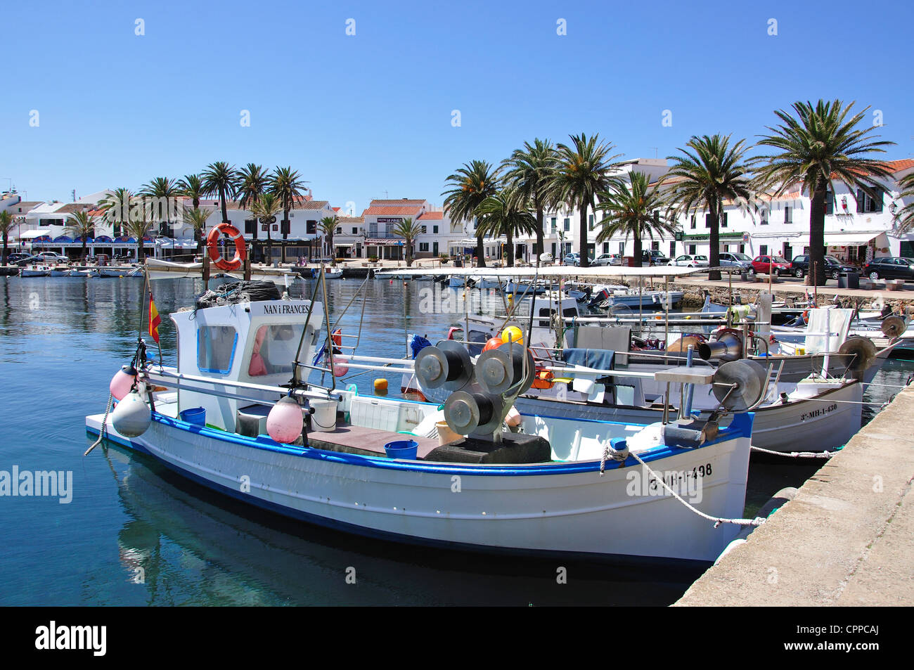 Traditional fishing boats in marina, Fornells, Menorca, Balearic ...