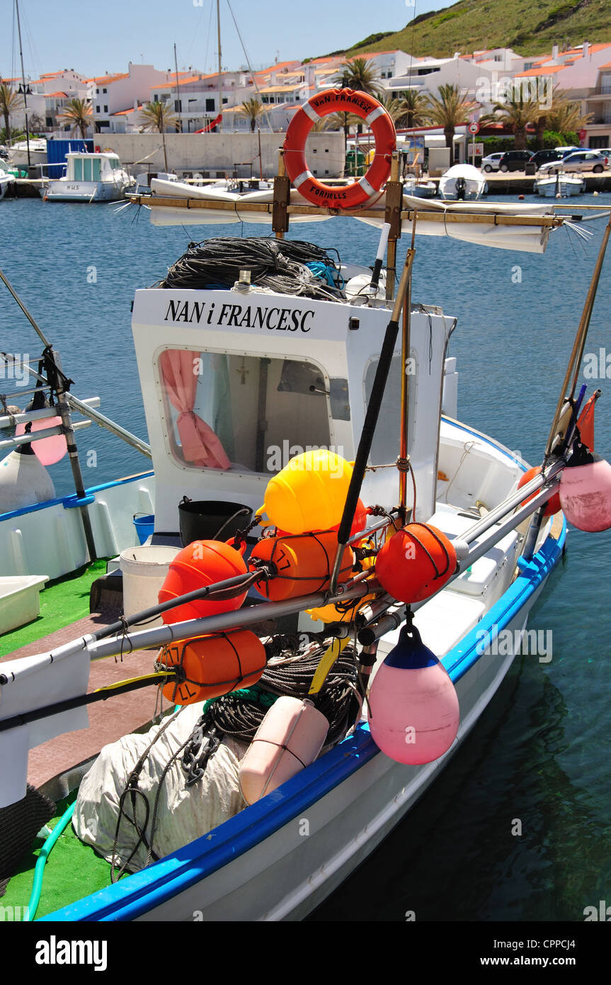 Traditional fishing boat in marina, Fornells, Menorca, Balearic Islands ...