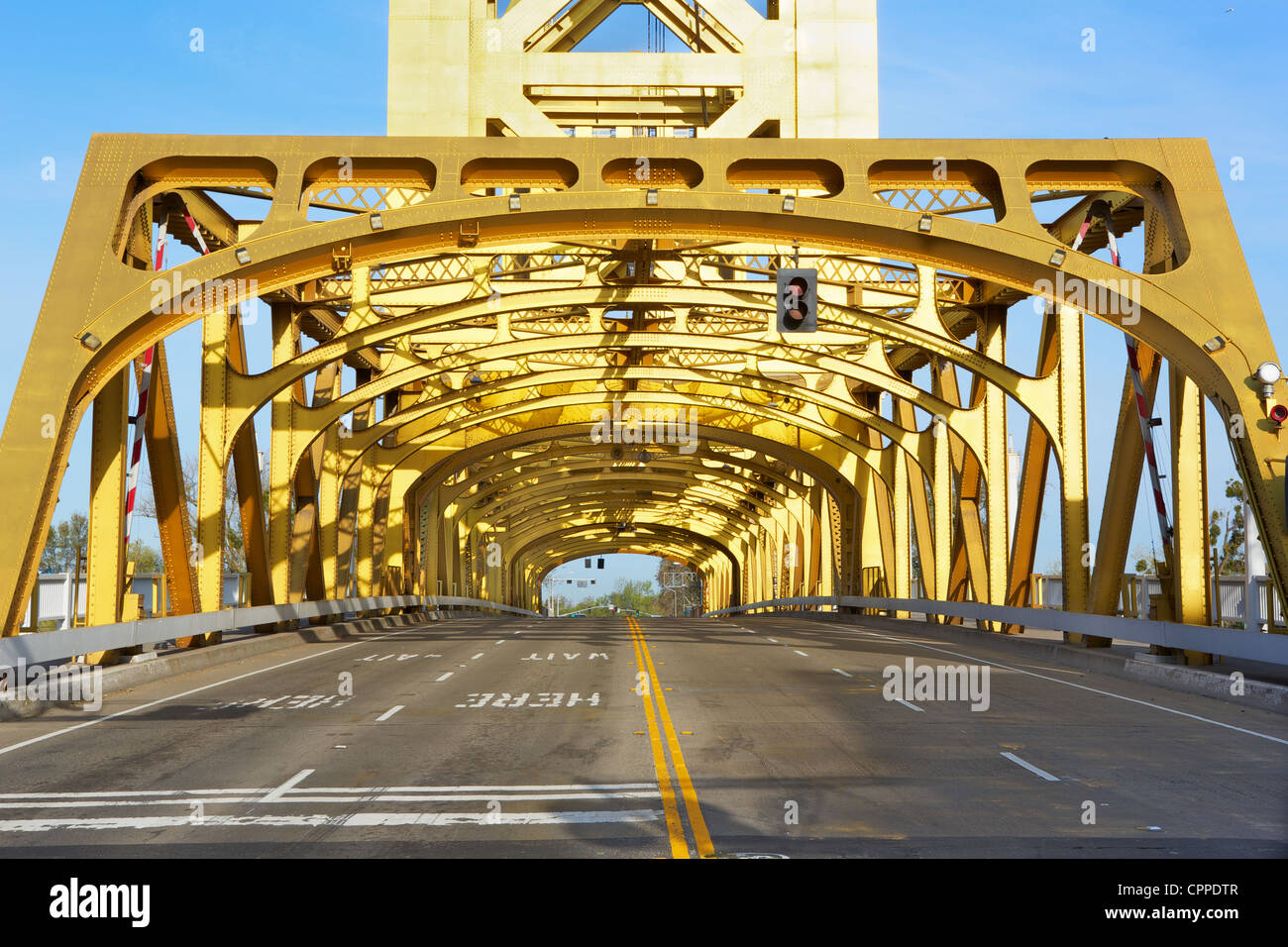 Sacramento Golden Tower Bridge from front looking through Stock Photo ...