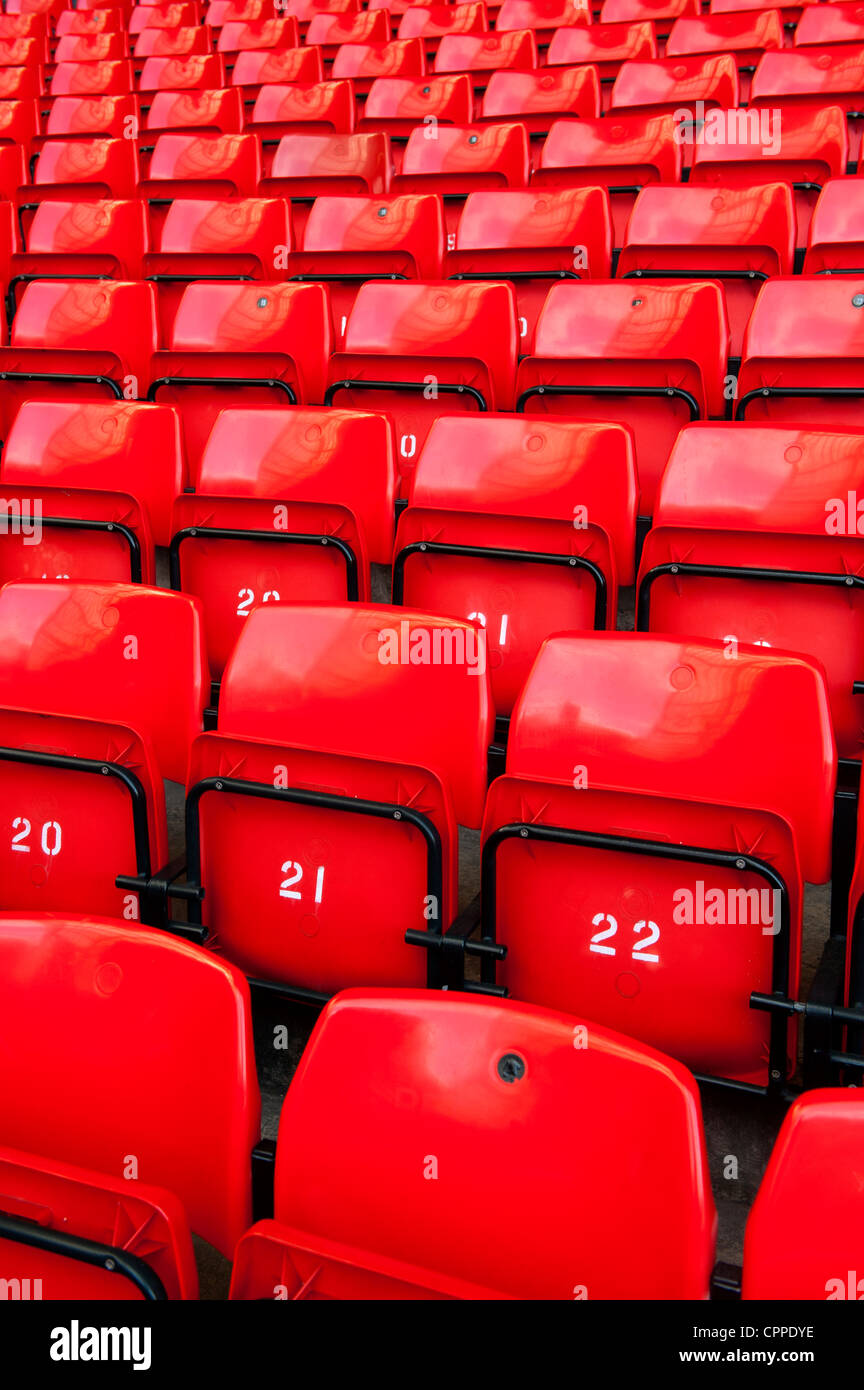 Red seats in the Kop at Anfield, home of Liverpool Football Club, when ...