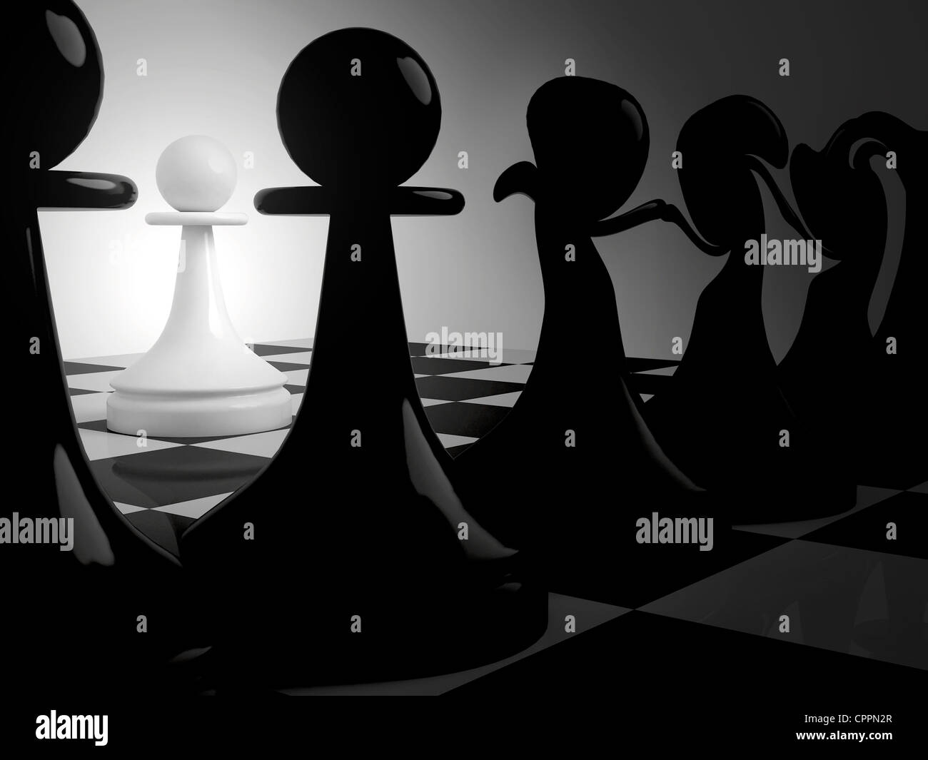 Chess fantasy with dancing black pawns and alone white pawn in dark ...