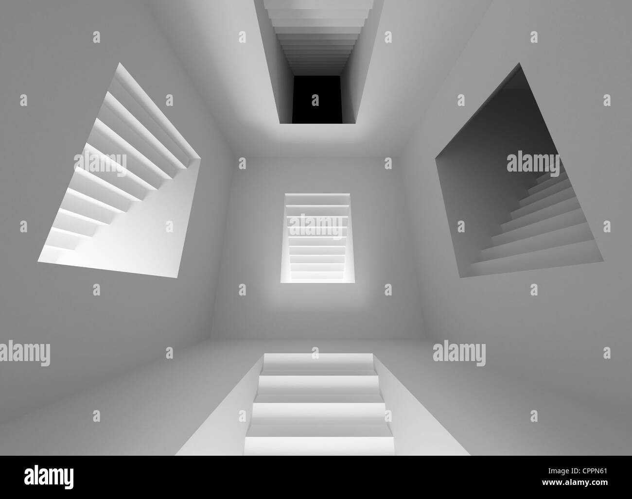 Gray abstract architecture interior with lighting stairway portals ...