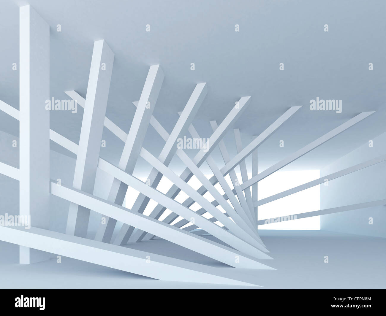 Abstract Architecture. Blue corridor Interior with tilted columns, and ...