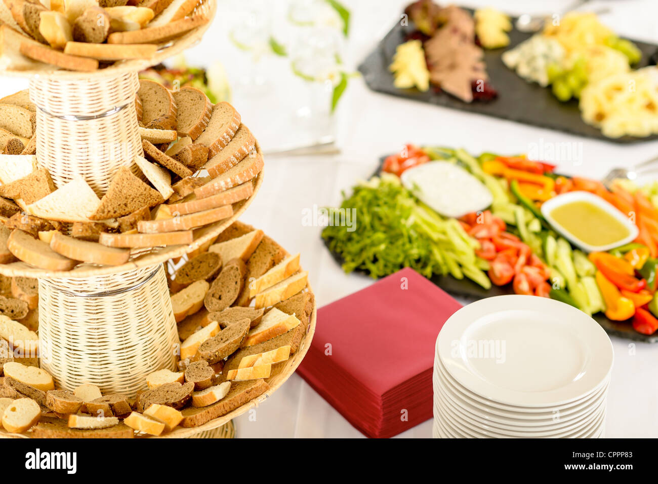 Catering service food buffet selection on white tablecloth Stock Photo ...