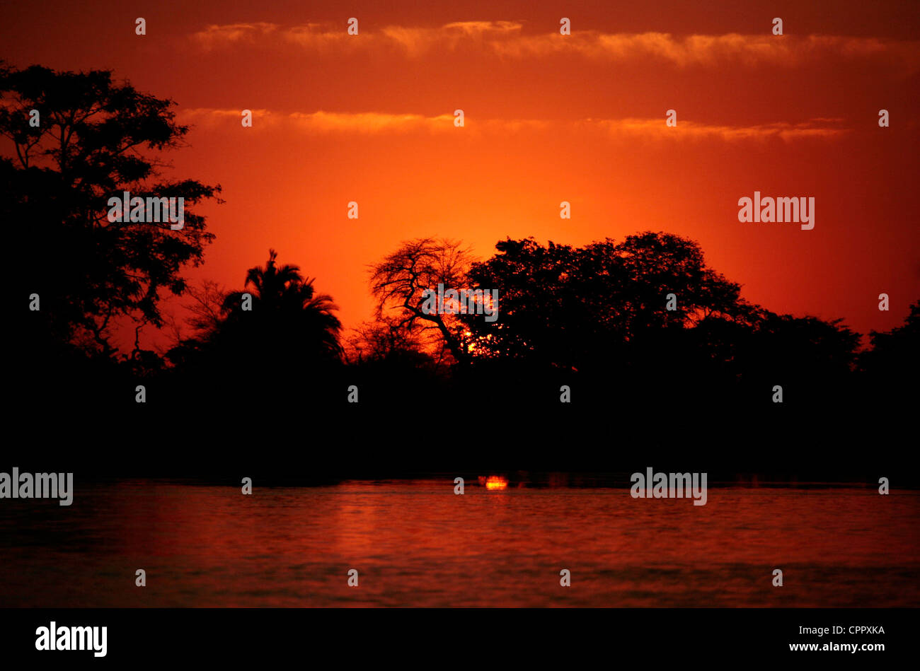 The sun dips below the treeline leaving an angry red sky reflected in ...