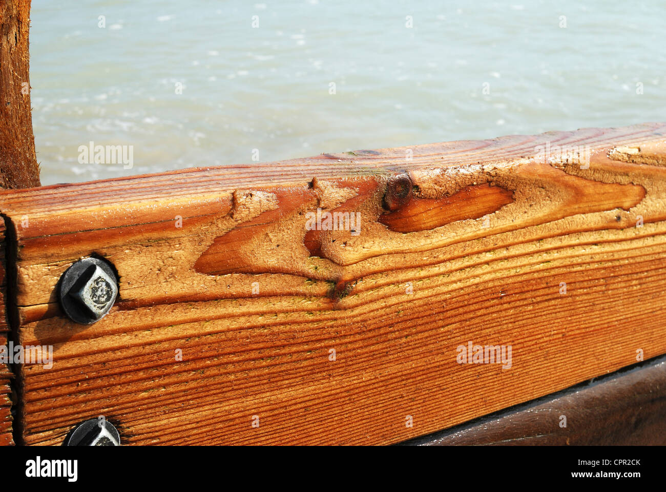 Close up of a timber groyne on shingle beach at Ferring near Worthing ...