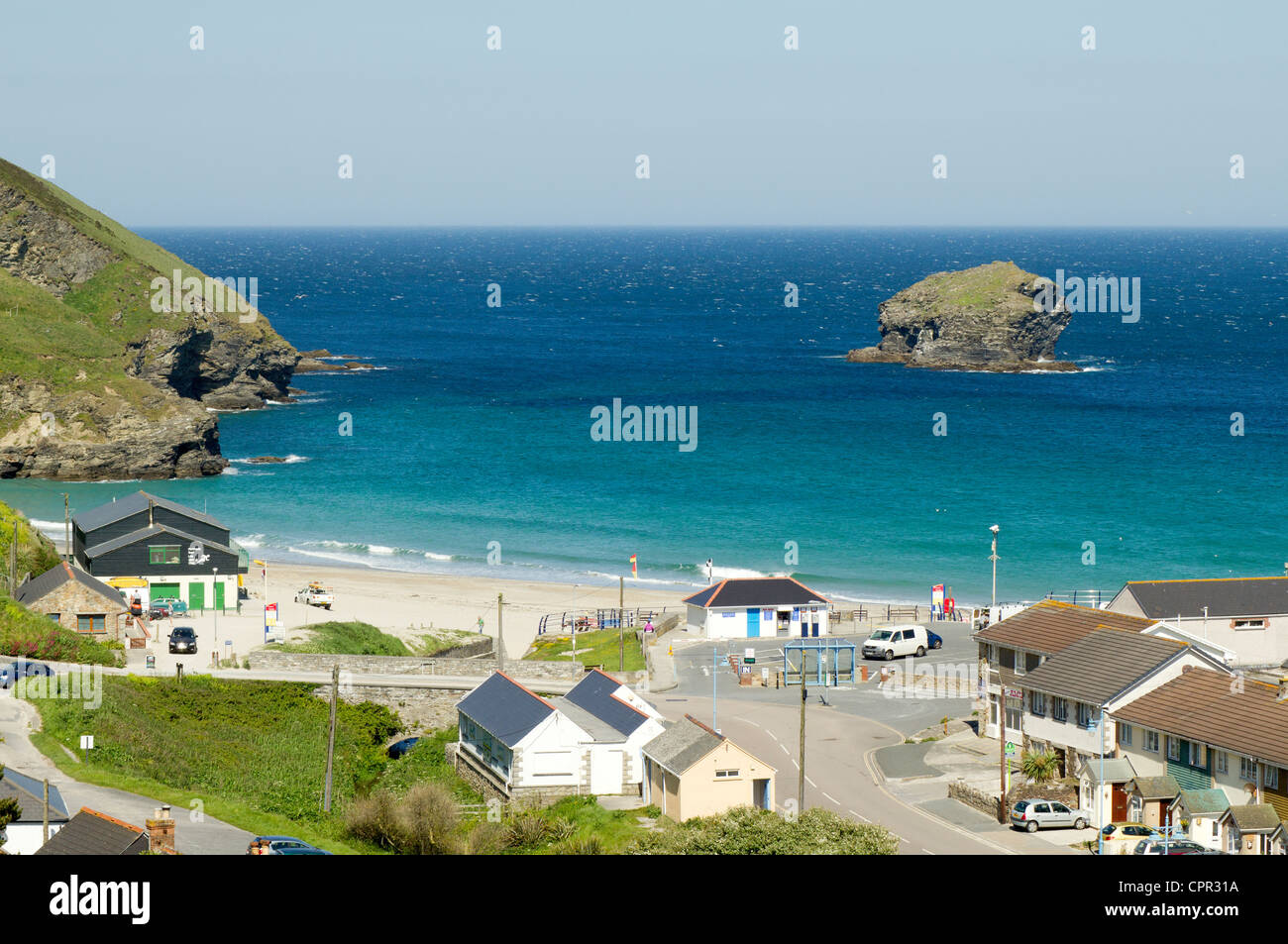 Portreath Cornish seaside village sandy beach sea and Gull Rock Stock ...