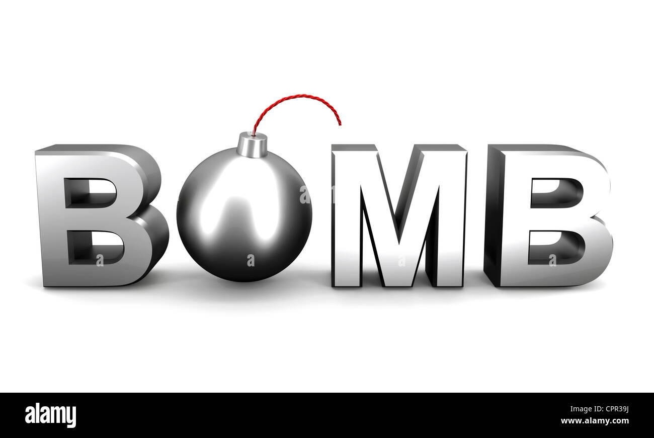 3d text BOMB with round bomb instead letter O Stock Photo - Alamy