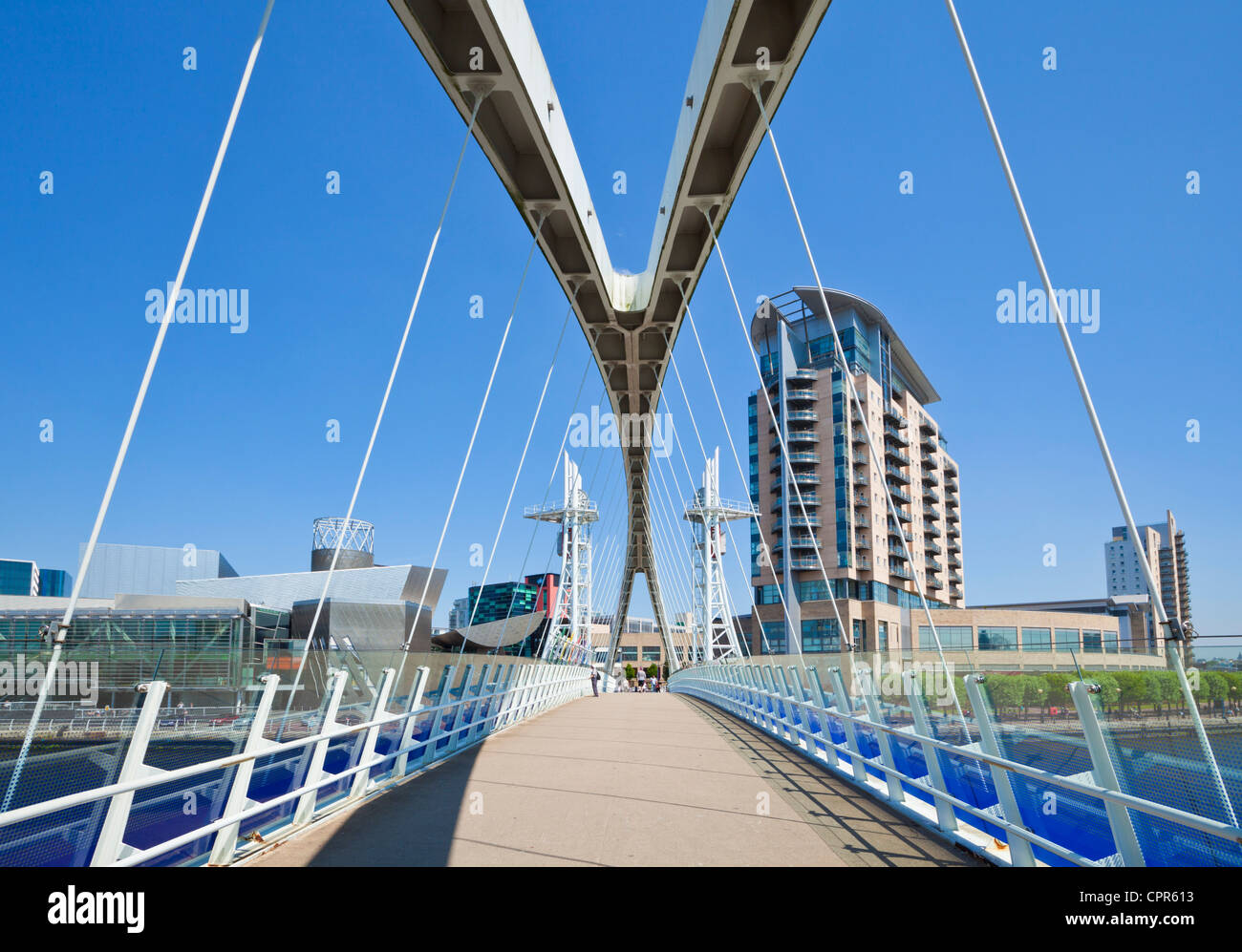Millennium bridge, apartments and Lowry centre Salford Quays Manchester ...