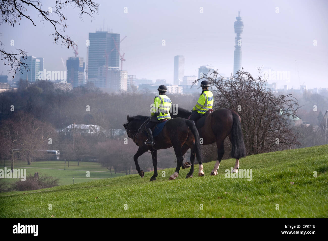 Police horses in London with skyline in background Stock Photo - Alamy