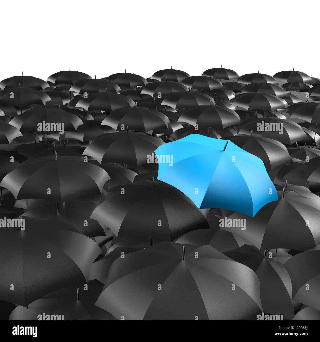 Light blue umbrella standing out from background of black umbrellas ...