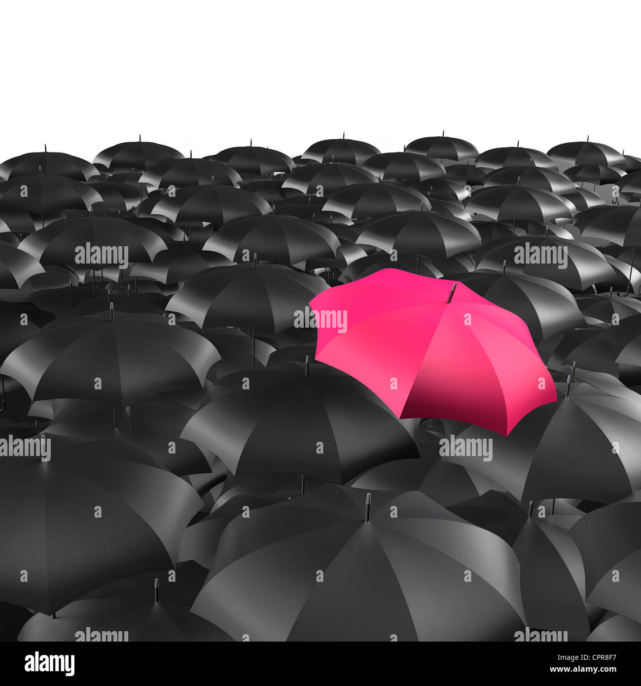 Red umbrella standing out from background of black umbrellas Stock ...