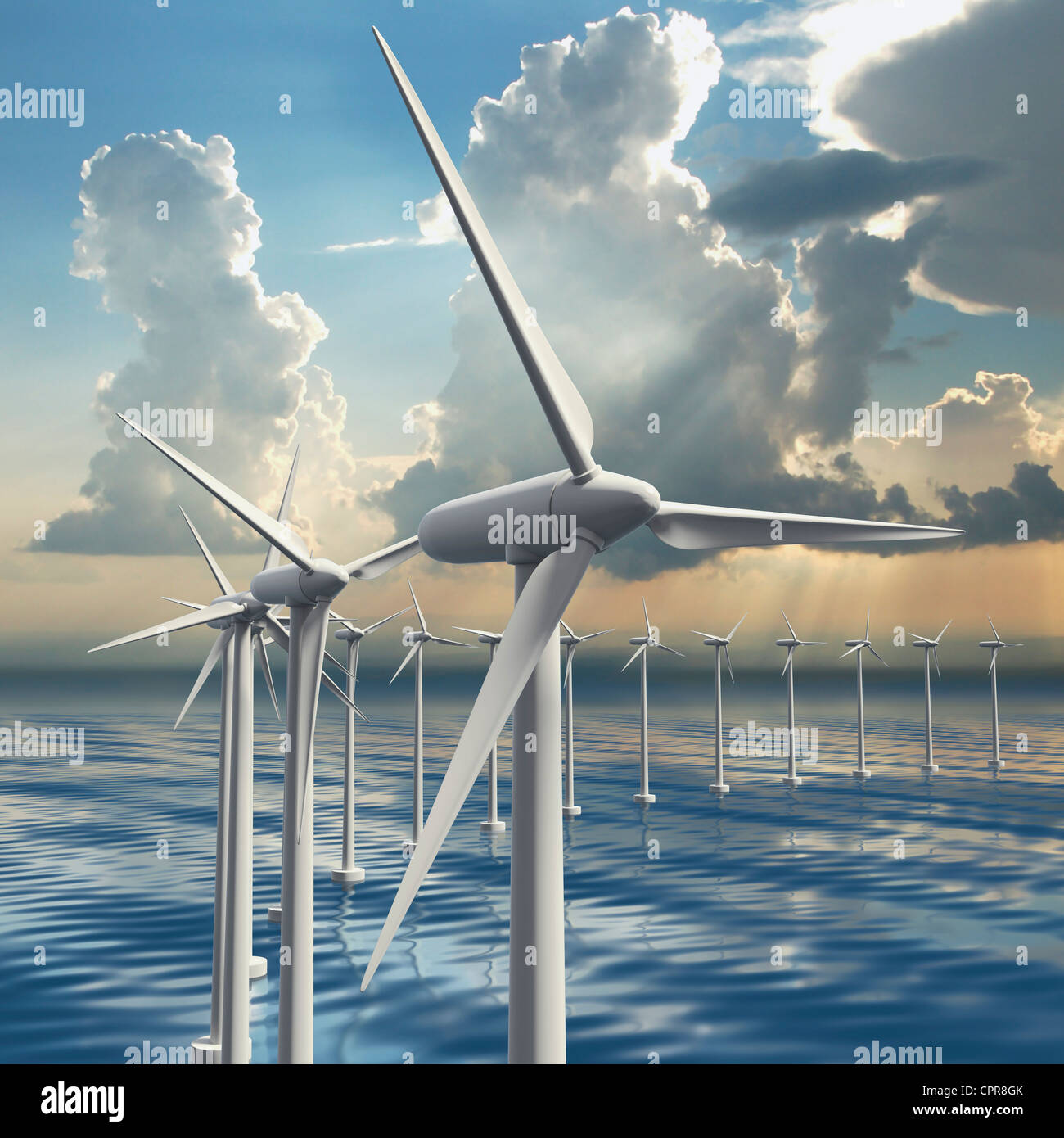 Wind farm or generators with sky at sea Stock Photo - Alamy