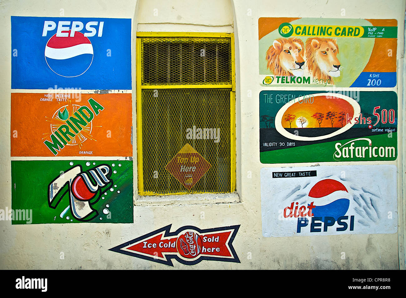 Commercial signs on the wall of a small store in Mombasa. Kenya, East ...
