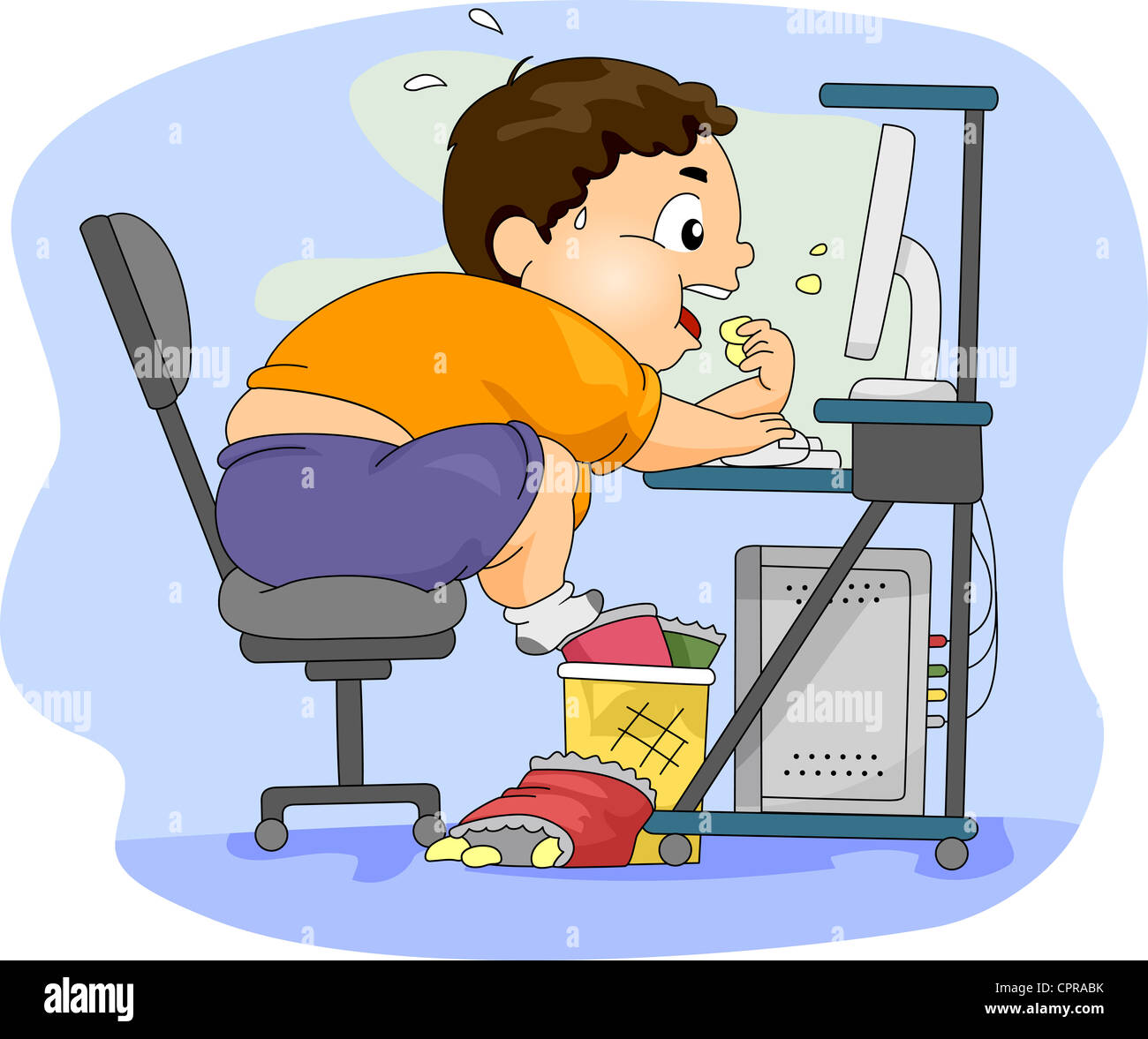 Illustration of an Overweight Boy Eating in Front of His Computer Stock ...