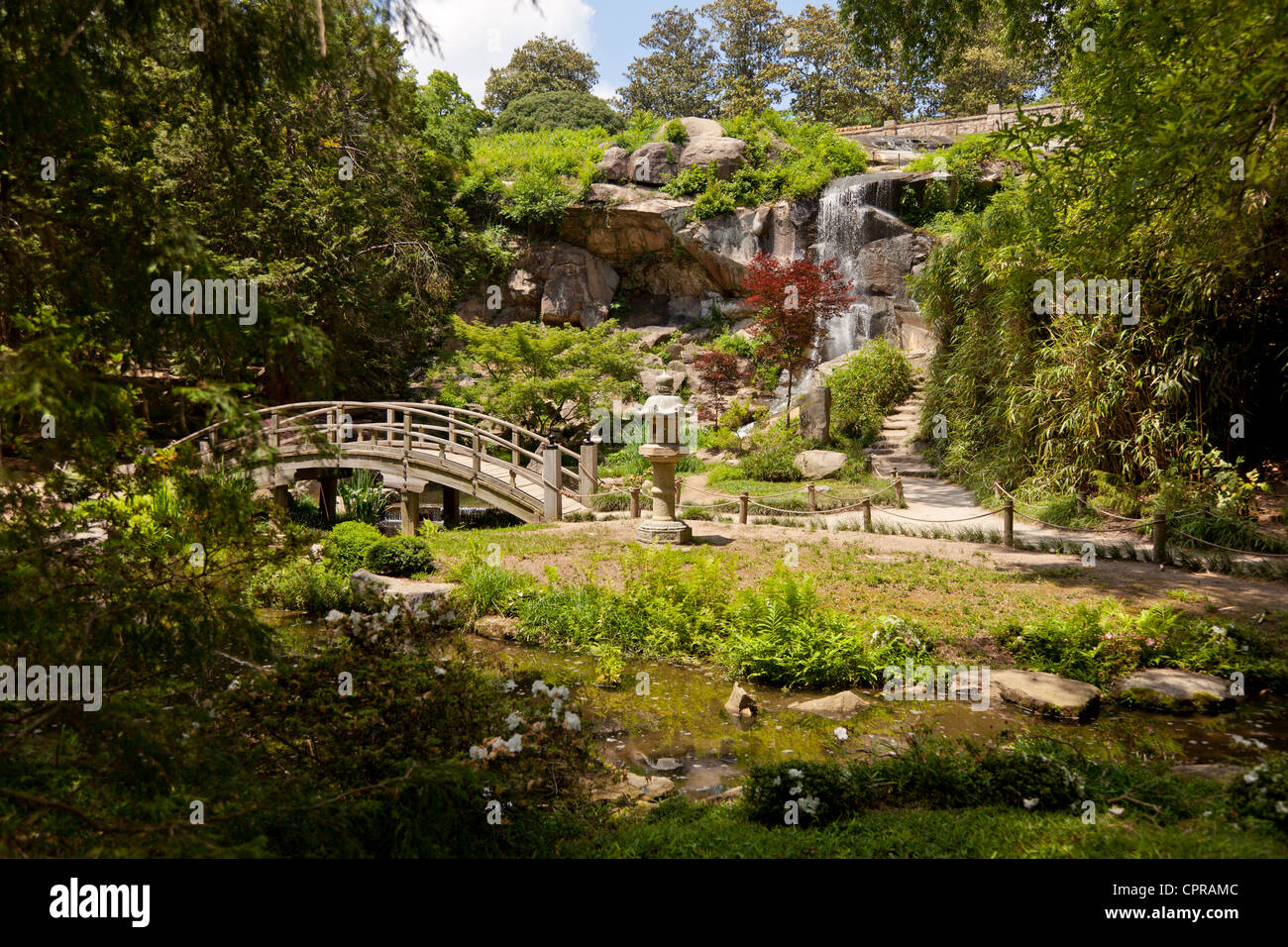 The Japanese Garden with waterfall and wood bridge at Maymont Estate in ...