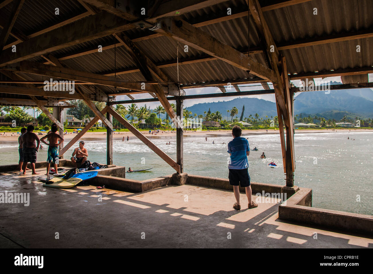 Hanalei Bay from inside the hanalei pier, Hanalei, Kauai, Hawaii Stock ...